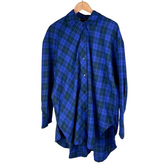 Zara | Tops | Zara New Blue Plaid Longline Oversized Relaxed Fit Button ...